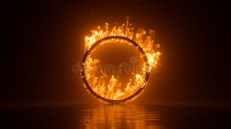 3d Rendering, Round Frame Blazing with Fire, Orange Flame Over Black ...