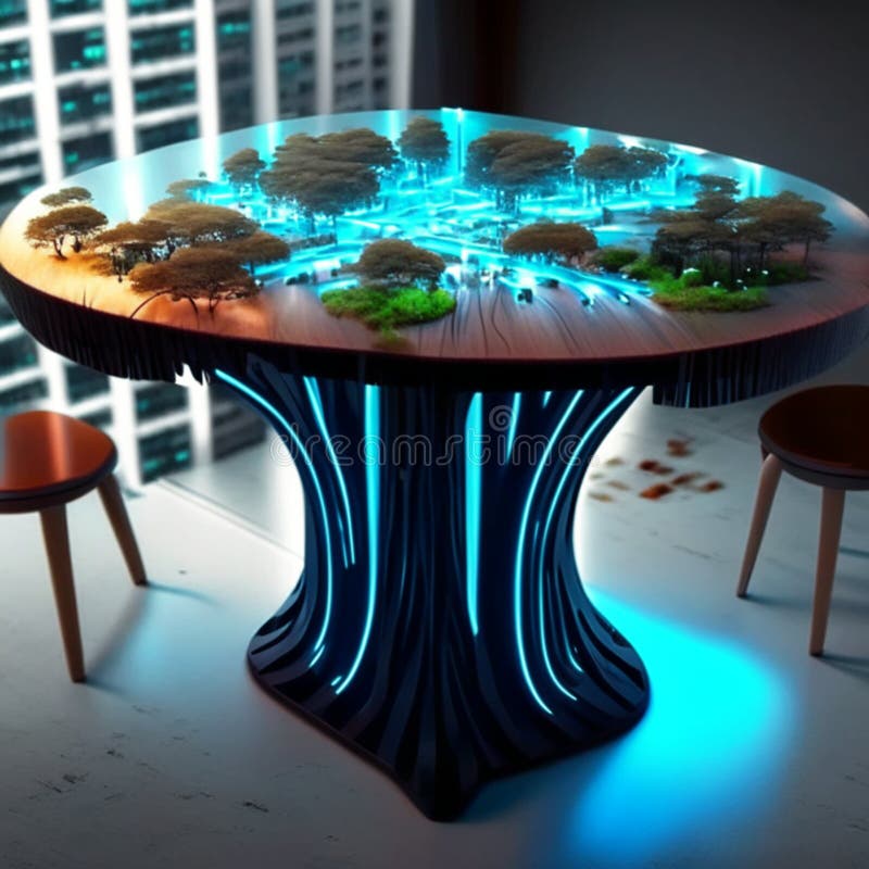 3d Rendering of a Round Table in a Room with Blue Lights AI Generated ...