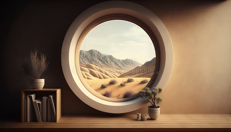 3d Rendering of a Round Window in the Desert with a View of the ...