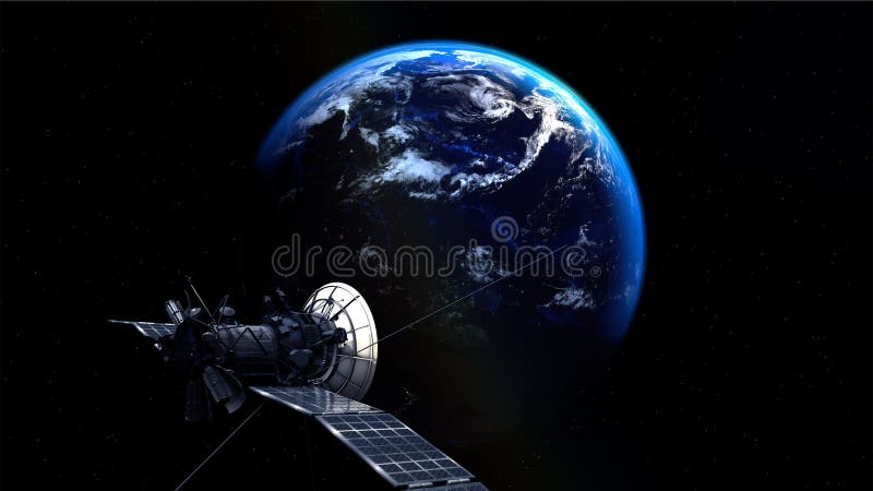 3D Rendering of a Satellite Flying Around the Planet Earth in the ...