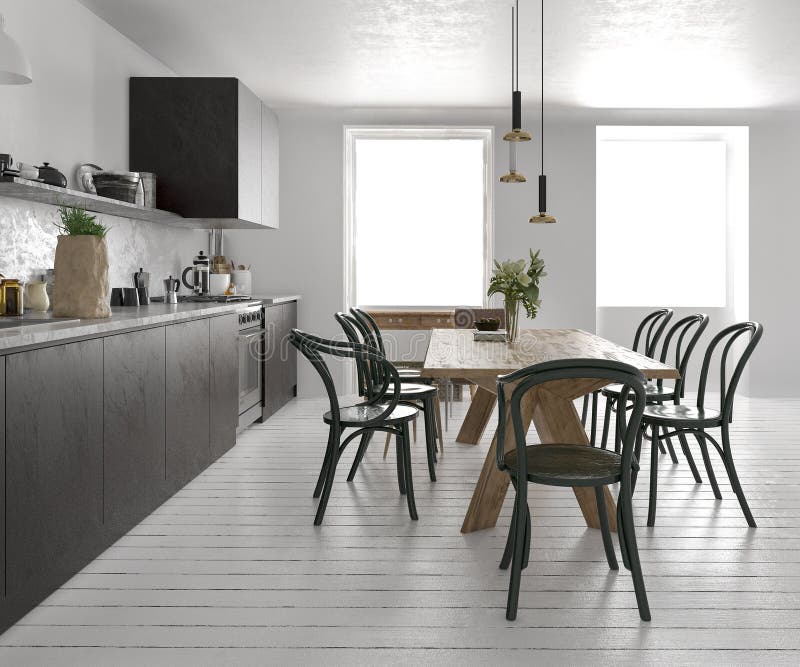 3d Rendering Scandinavian Vintage Kitchen with Dining Table Stock ...