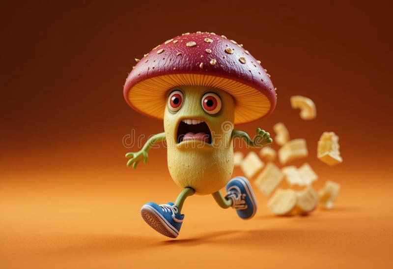 A 3D Rendering of a Scared Mushroom Running from Sliced Potatoes Stock ...