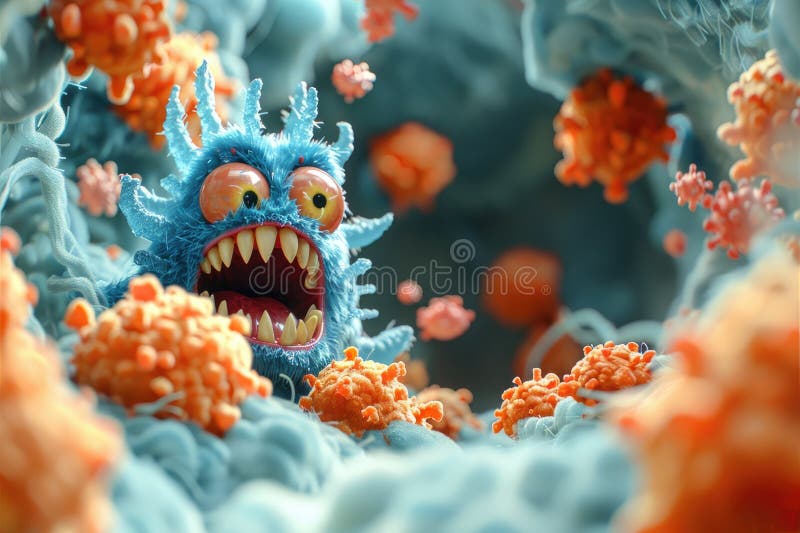 3D Rendering of a Scary Virus Monster Attacking Cells, Illustrating a ...