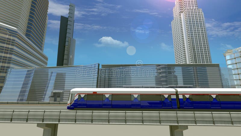 Electric Sky Train Is Driven At High Speed On The Rails With Downtown ...