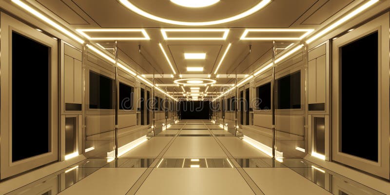 3D Rendering Scifi Interior Luxury Lab Corridor with Gold Decorate ...