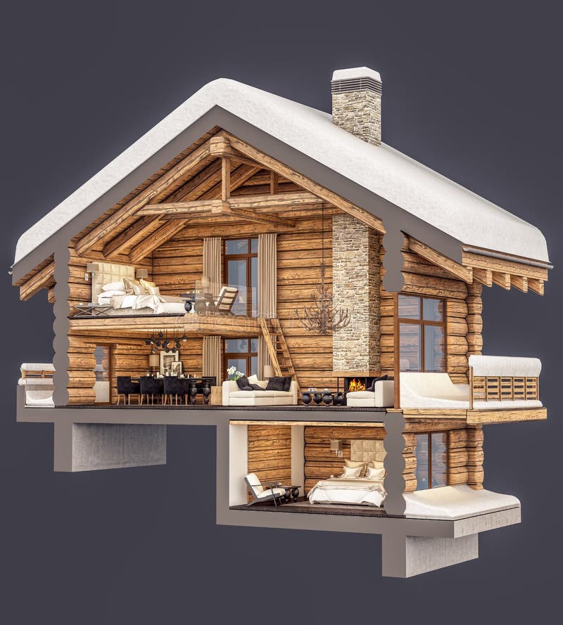 3d Rendering Section of Chalet Stock Illustration - Illustration of ...
