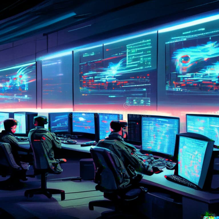 3d Rendering Of A Security Guard Monitoring A Group Of Computer