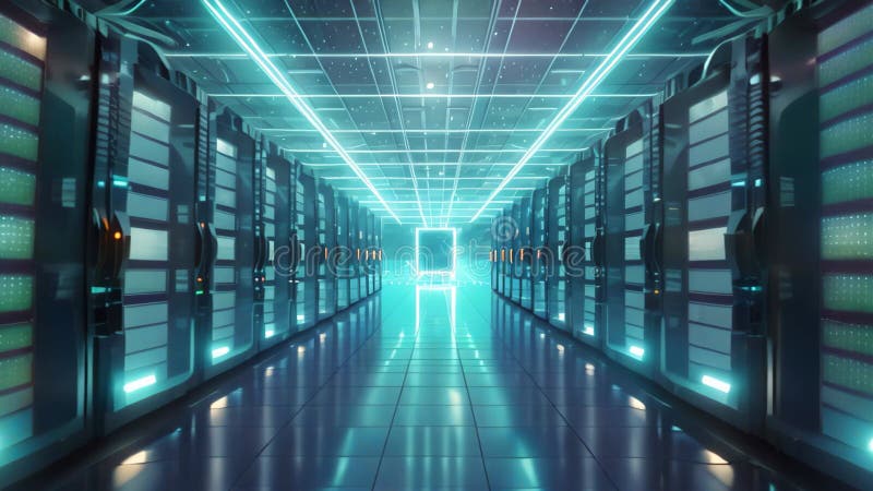Server Room Data Center Corridor with Bright Glowing Lights. 3D ...