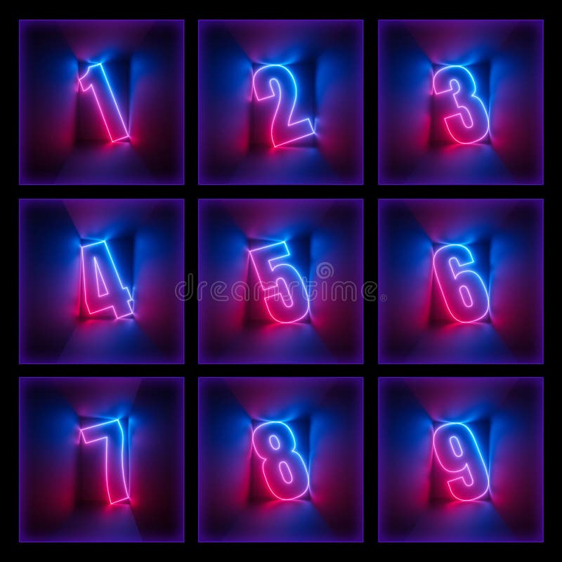 3d Rendering, Set of Pink Blue Neon Numbers from One To Nine, Digital ... 3d Rendering, Set of Pink Blue Neon Numbers from One To Nine, Digital ...