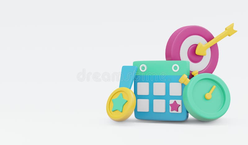 3D Rendering Set of Schedule Badge Target and Timer Icon Stock ...