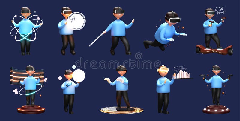 3D Rendering of a Set with an Young Man Wearing VR Goggles in Various ...