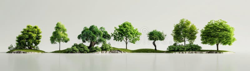 3D Rendering of Seven Trees on Islands Against a White Background Stock ...
