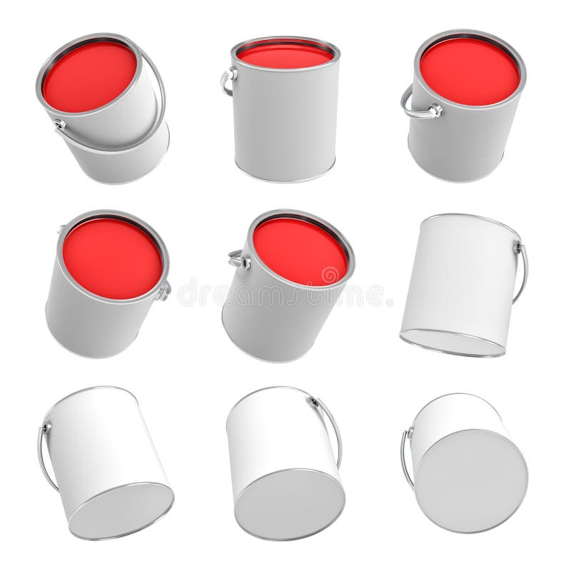 3d Rendering of Several Paint Buckets with Red Paint in Different ...