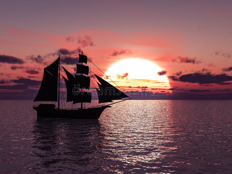 3D Rendering of a Ship Out at Sea at Sunset Stock Illustration ...