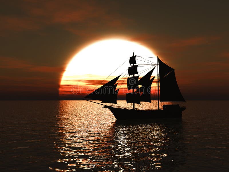 3D Rendering of a Ship Out at Sea at Sunset Stock Illustration ...