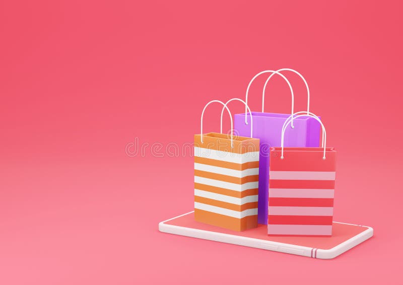3d Rendering Shopping Bag on Smartphone on Red Background Stock ...