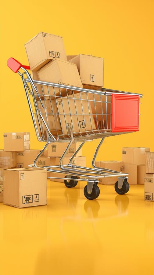 3D Rendering Shopping Cart Filled with Cardboard Boxes Inside Stock ...