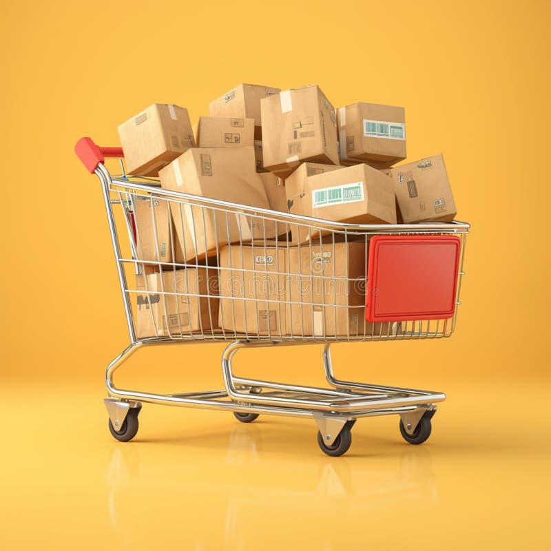 3D Rendering Shopping Cart Filled with Cardboard Boxes Inside Stock ...