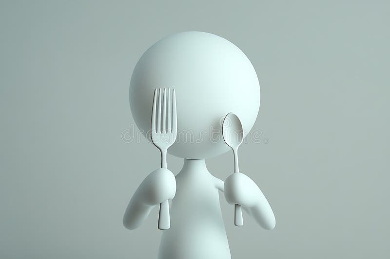 3D Render of Sphere Head Figure with Spoon & Fork Against Plain ...