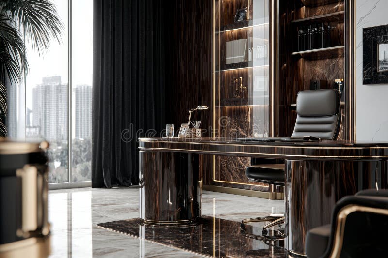 This 3D Rendering Shows an Executive Office with a City View, a Desk ...