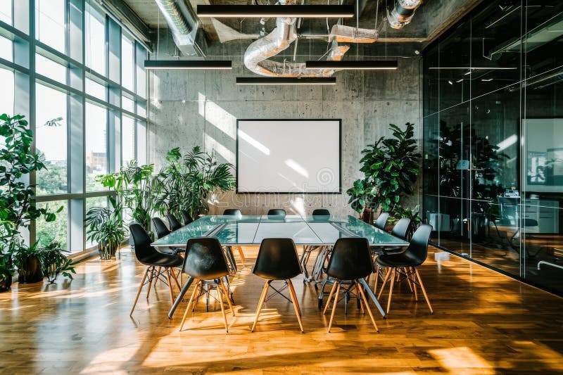 The 3D Rendering Shows a Modern Conference Room with a Large Vertical ...