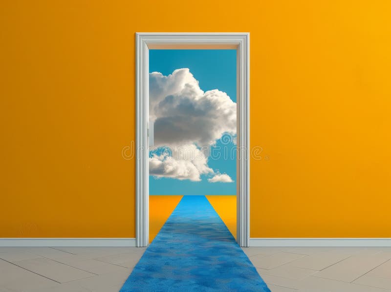 This 3D Rendering Shows White Clouds Flying through an Open Door, while ...