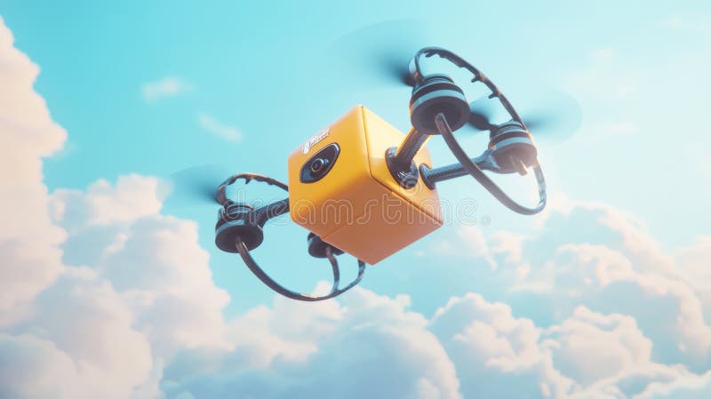 A 3D Rendering Shows a Yellow Smart Copter Flying with a Box in the Sky ...
