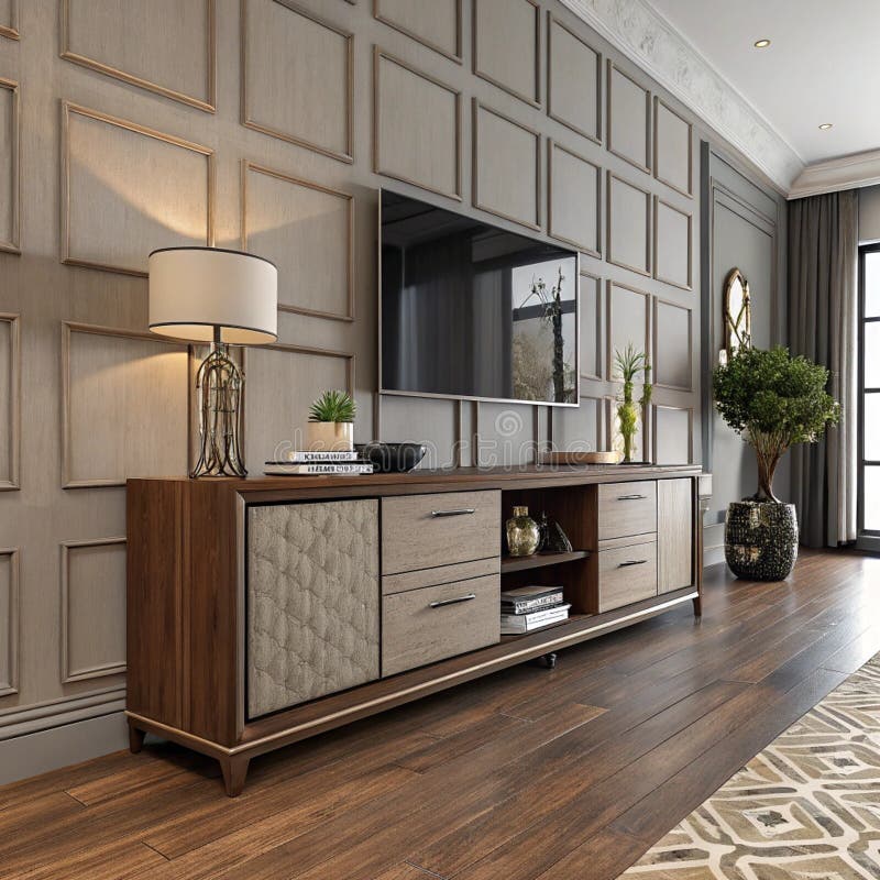 3D Rendering Sideboard Wall Panel with Flooring Interior Decoration ...