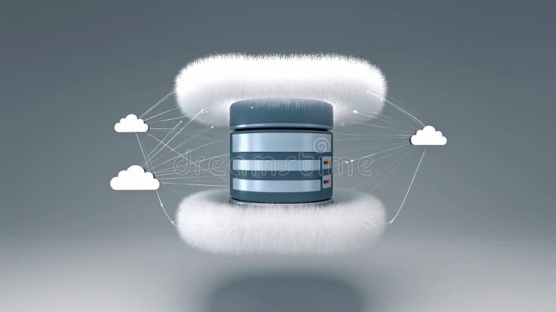 Silver Database Server Surrounded by White Fluffy Clouds on Grey ...