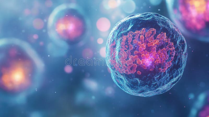 A 3D Rendering of a Single Cell with a Glowing Nucleus Surrounded by ...