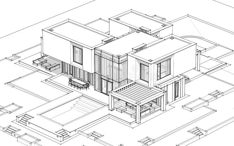 3d Rendering Sketch of Modern House Black Line on White Background ... 3d Rendering Sketch of Modern House Black Line on White Background ...