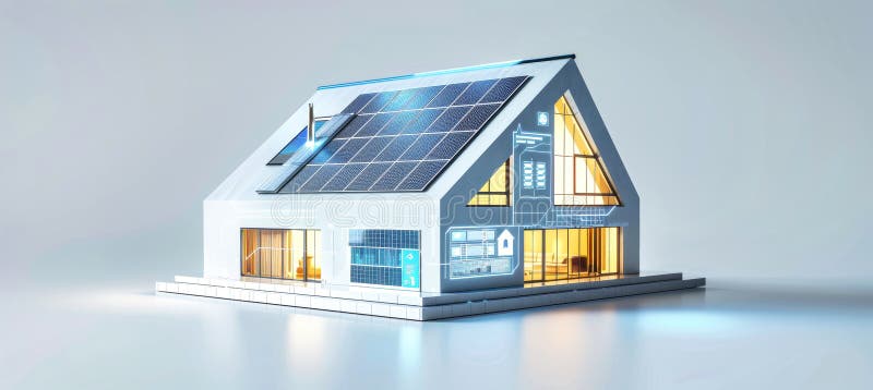 A 3D Rendering of a Smart Home with Solar Panels and Digital Diagrams ...