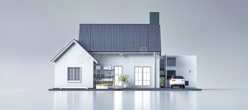 A 3D Rendering of a Smart Home with Solar Panels on the Roof and a ...