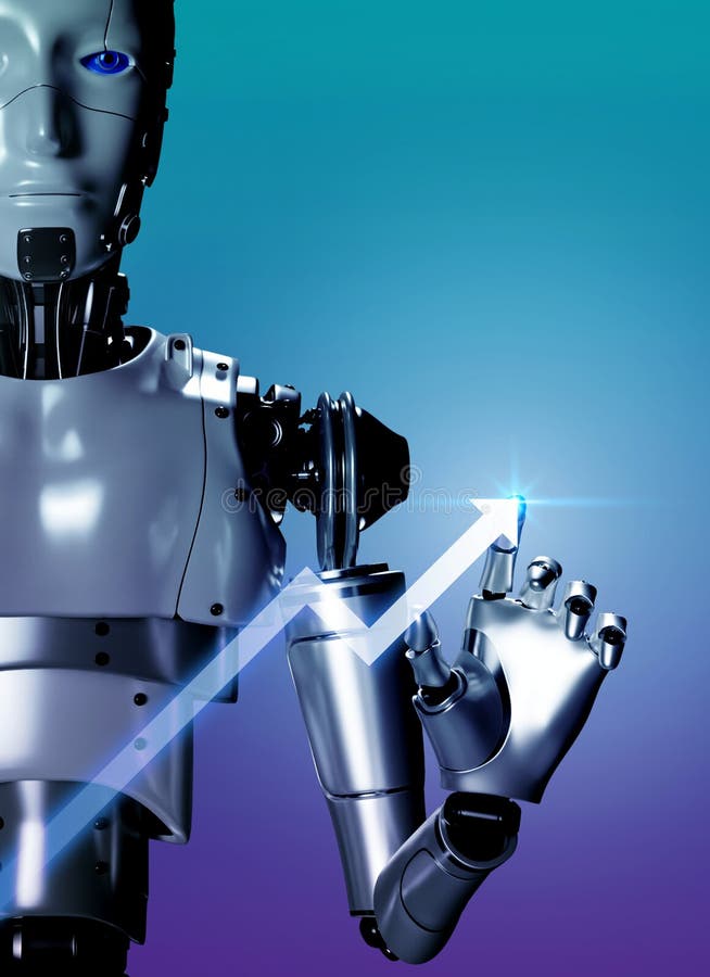 3d Rendering Smart Robot Draws Rising Arrow on Growth Graph on Blue ...