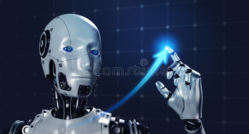 3d Rendering Smart Robot Draws Rising Arrow on Growth Graph, Blue Grid ...