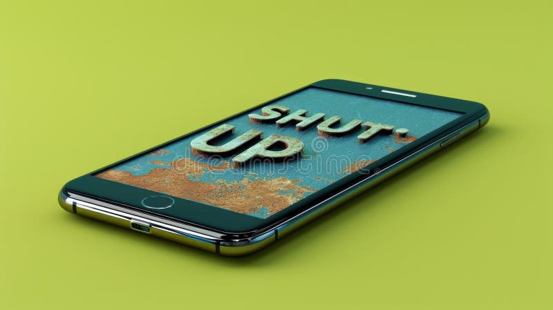 3D Rendering of Smartphone with "SHUT UP" Text on Teal Screen Stock ...