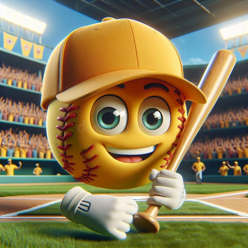 Smiling Baseball with Cap and Bat on a Field Fun 3D Rendering Stock ...