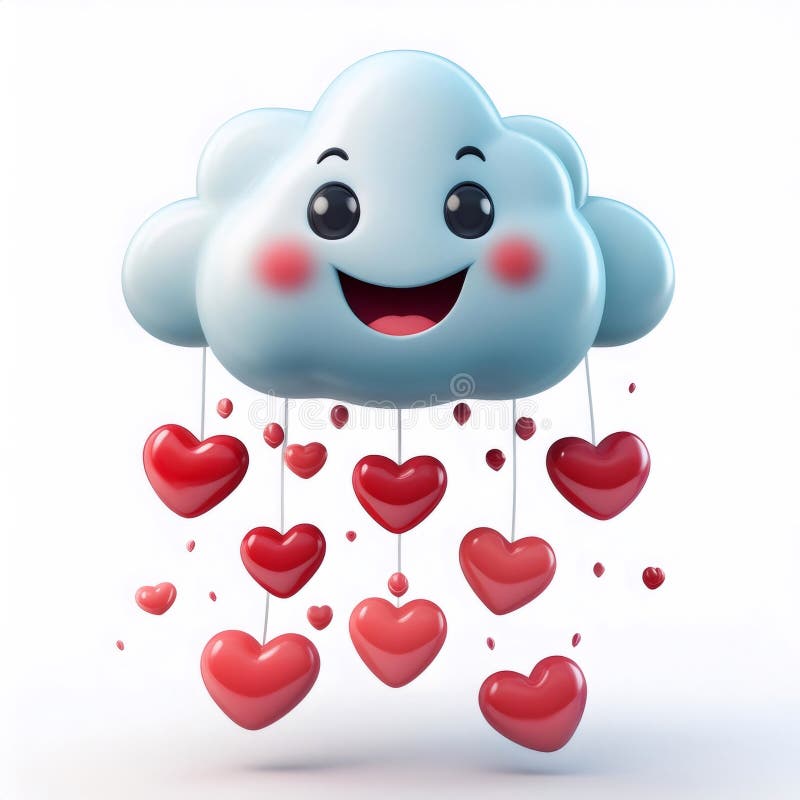 3D Rendering of a Smiling Cartoon Cloud Raining Down Hearts, Isolated ...
