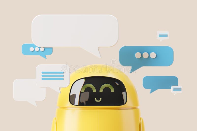 3d Rendering Smiling Robot With Mock Up Texts Bubbles And Messages