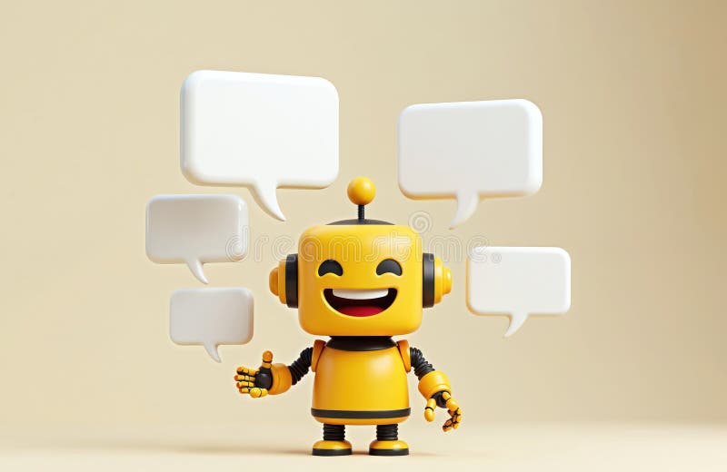 3d Rendering of Smiling Yellow Robot with Blank Text Bubbles. Cartoon ...