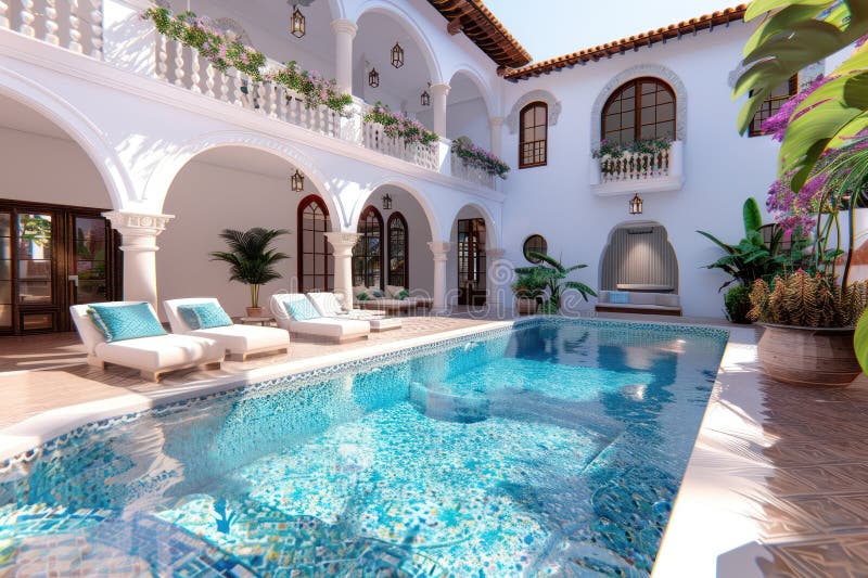 3D Rendering Software Mediterranean Villa with Inviting Pool - 3D Rendering of a Traditional ...