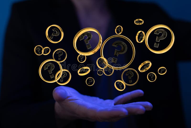 3D Rendering Solving Problem with Digital Question Marks in a Human Hand Stock Photo - Image of ...