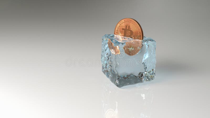 3D Rendering - Souvenir Bitcoin Coin Half Frozen into an Ice Cube Stock ...