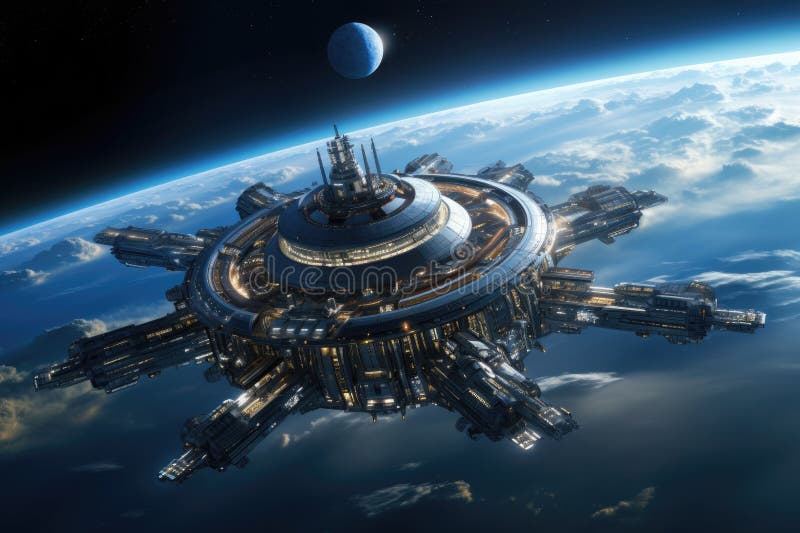 3D Rendering of a Space Station with Planet Earth in the Background, a ...