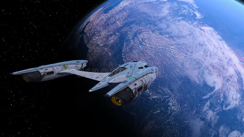 3D Rendering of a Spaceship and the Earth Stock Illustration ...