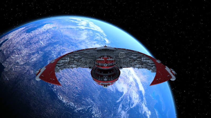 3D Rendering of a Spaceship and the Earth Stock Illustration ...