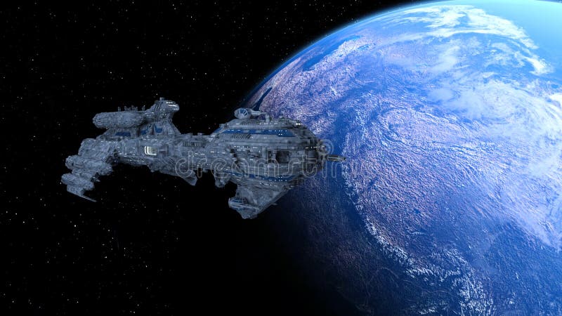 3D Rendering of a Spaceship and the Earth Stock Illustration ...