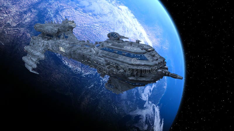 3D Rendering of a Spaceship and the Earth Stock Illustration ...