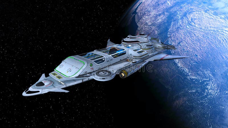 3D Rendering of a Spaceship and the Earth Stock Illustration ...