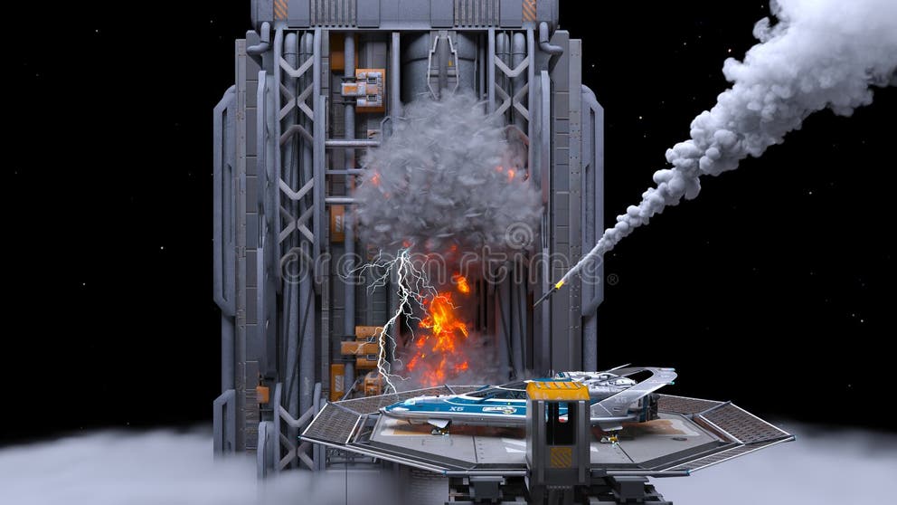 3D Rendering of the Spaceship Hangar Under Attack Stock Illustration ...